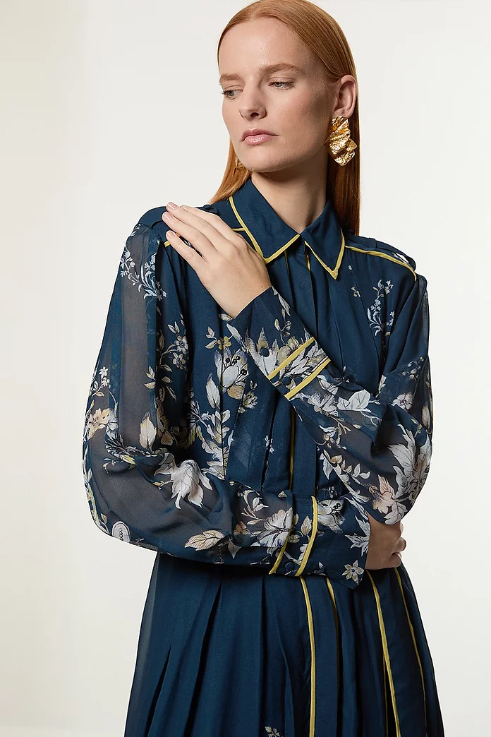 Petite Border Print Viscose Piped Woven Shirt Balloon Sleeve Petite Border Print Viscose Piped Woven Shirt Balloon Sleeve
